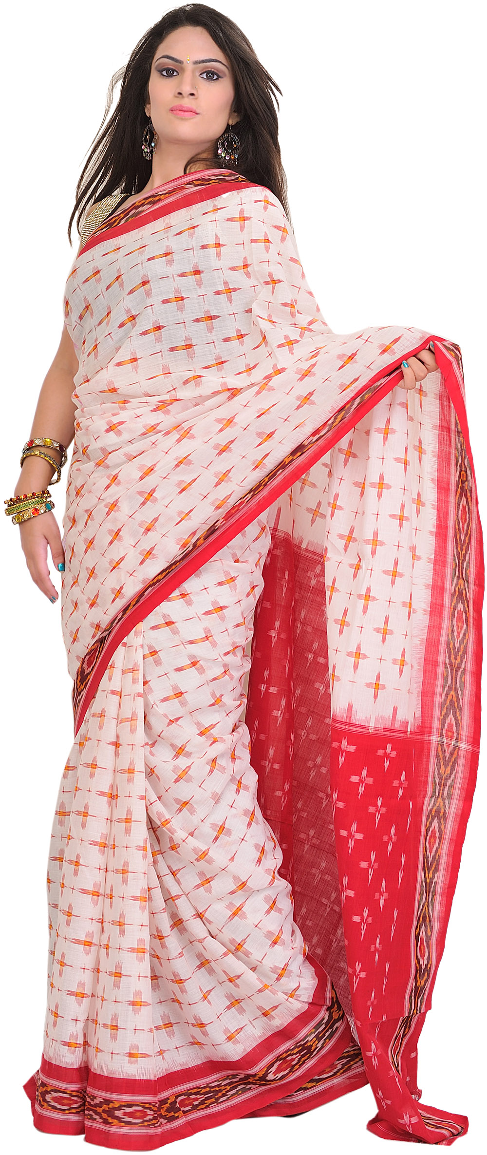White and Red Ikat Sari from Pochampally with Woven Bootis - Exotic ...