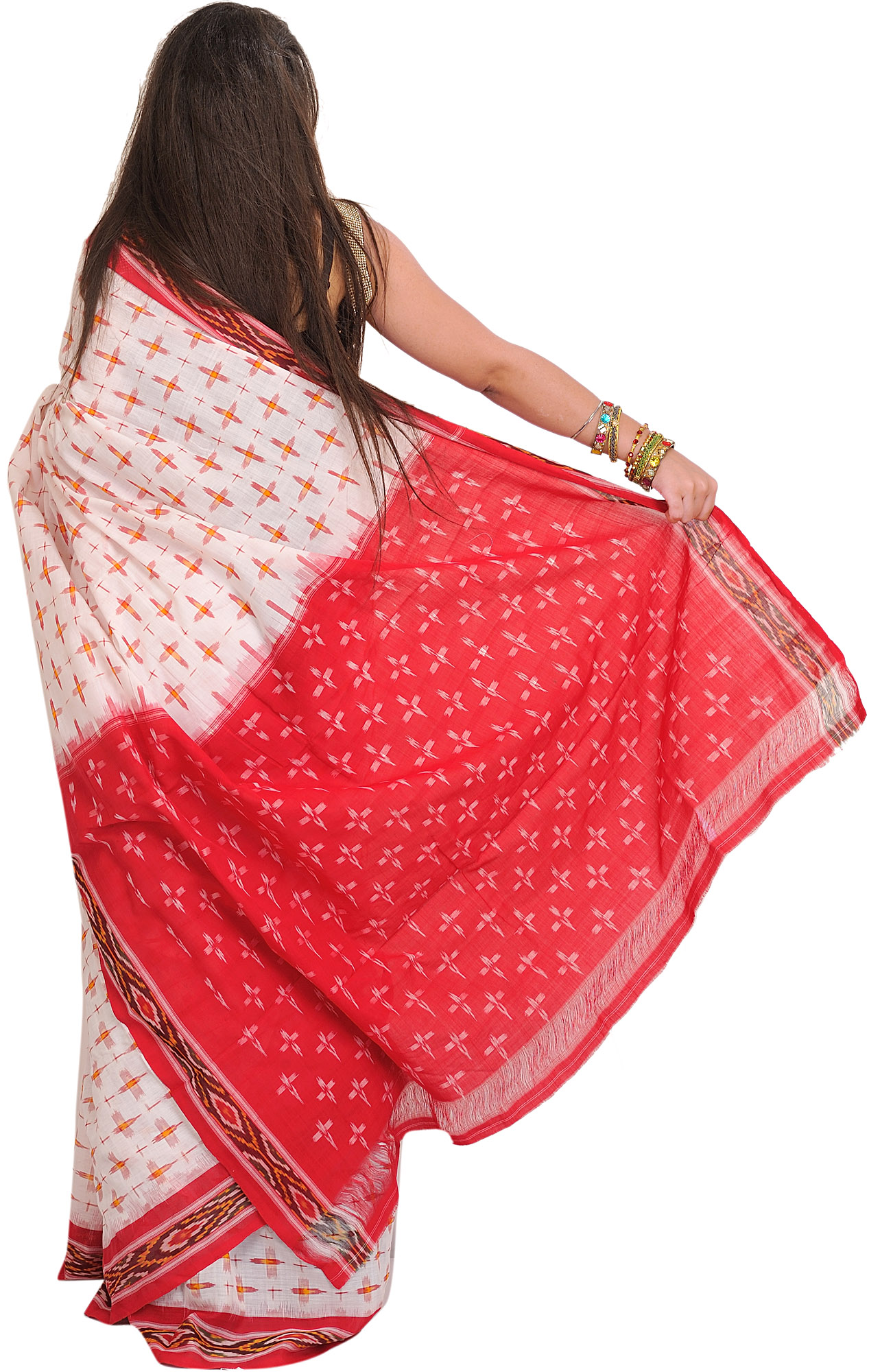 White and Red Ikat Sari from Pochampally with Woven Bootis - Exotic ...